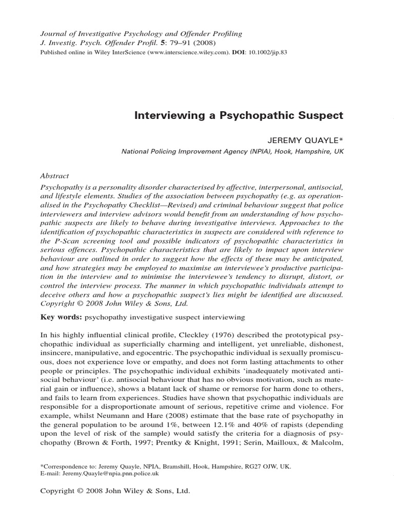 Interviewing A Psycopathic Suspect | PDF | Psychopathy | Psychology