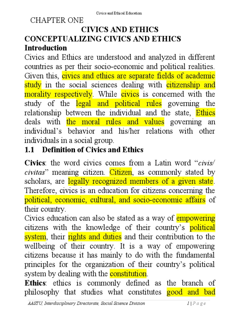 Chapter One Civics and Ethics Conceptualizing Civics and Ethics | PDF ...