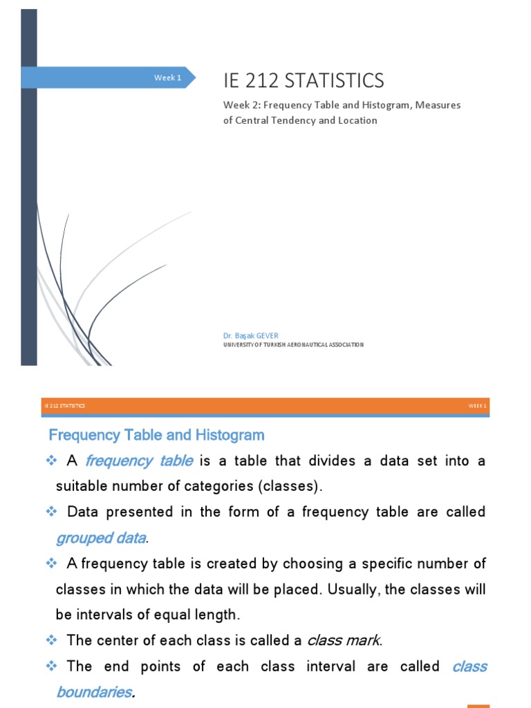 Ie 212 Statistics: Week 2: Frequency Table and Histogram, Measures of ...