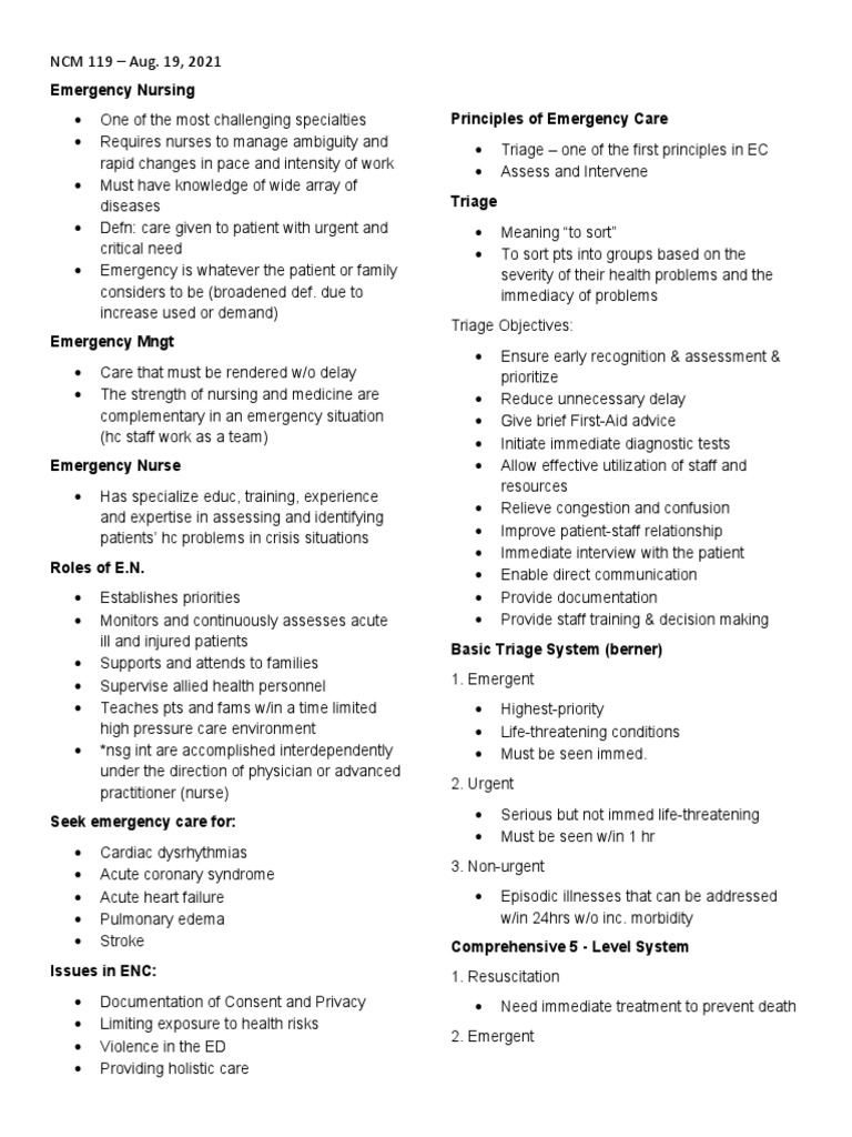 NCM 119 - Aug. 19, 2021: Emergency Nursing Principles of Emergency Care ...