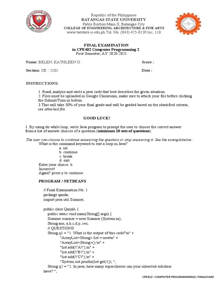 Final Examination in CPE402 Computer Programming 2: Batangas State ...