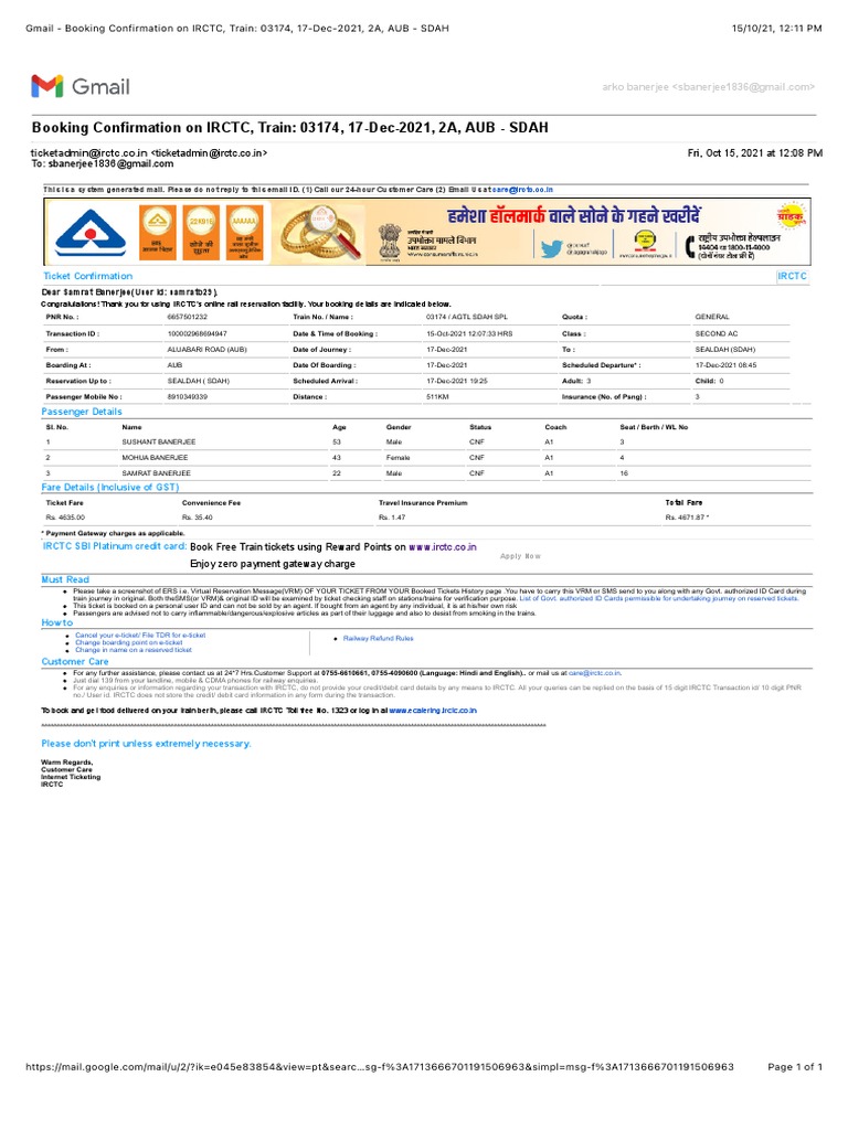 Booking Confirmation On IRCTC, Train: 03174, 17-Dec-2021, 2A, AUB - SDAH | PDF | Credit Card ...
