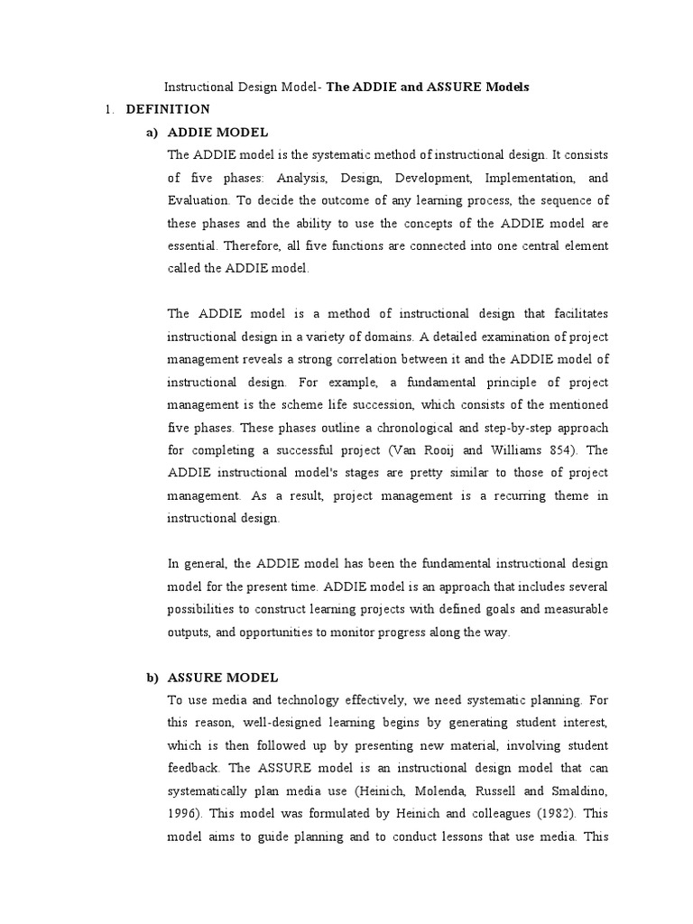 Instructional Design Models - Comparing ADDIE and ASSURE | PDF ...