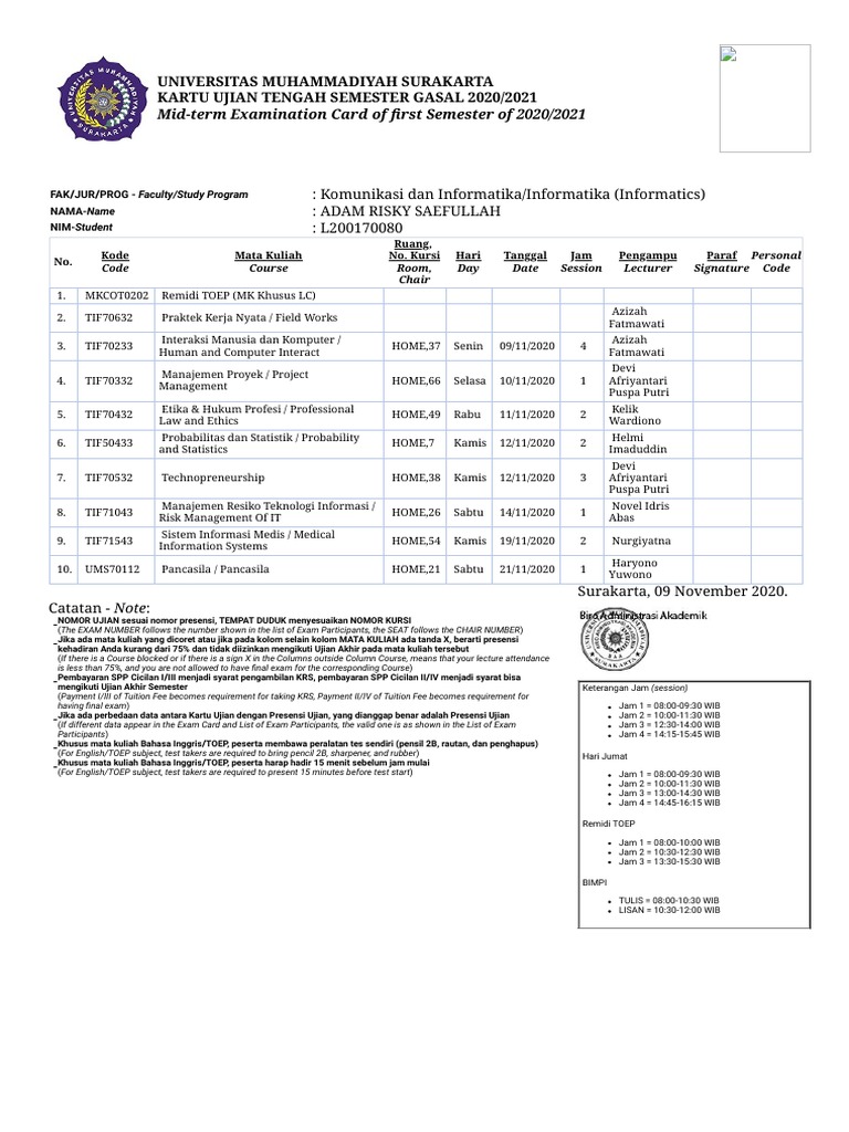 UMS Mid-term Exam Card 2020/2021 | PDF