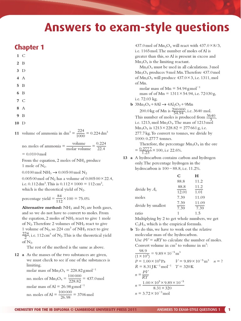 Answers To Exam-Style Questions: 1 Chemistry For The Ib Diploma ...