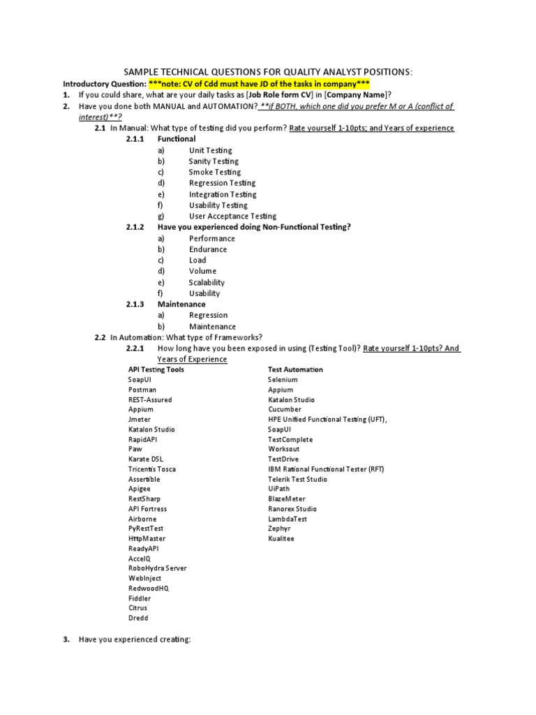SAMPLE TECHNICAL QUESTIONS FOR QUALITY ANALYST POSITIONS - Updated 10 ...