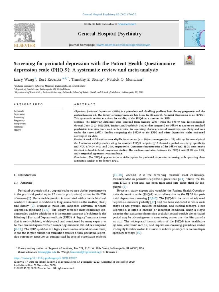 Screening For Perinatal Depression With The Patient Health ...