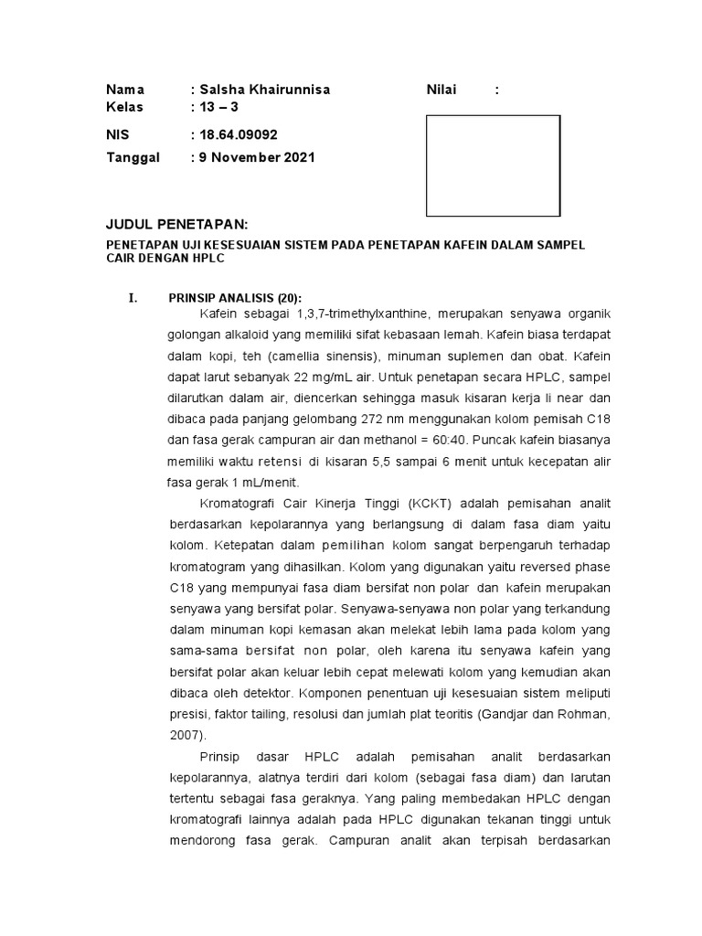Uji Kesesuaian Sistem HPLC Kafein | PDF