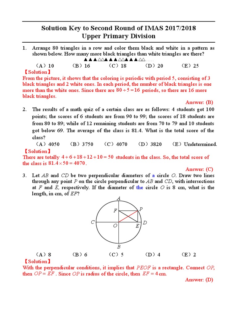 IMAS 2017/2018 Upper Primary Solutions | PDF | Area | Triangle