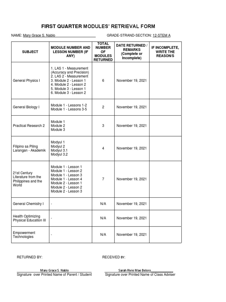 First Quarter Modules Retrieval Form 12 STEM A | PDF | Science