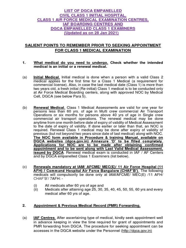 List of Facilities and Contact Details for DGCA Class 1 Medical ...