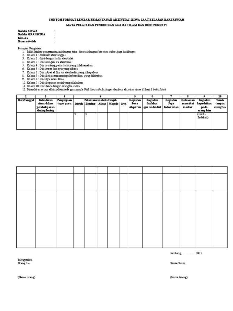 (Template) Tabel Laporan Ibadah Harian Kelas X | PDF