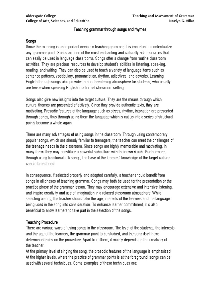 Teaching Grammar Through Songs and Rhymes Stories | PDF | Teachers ...