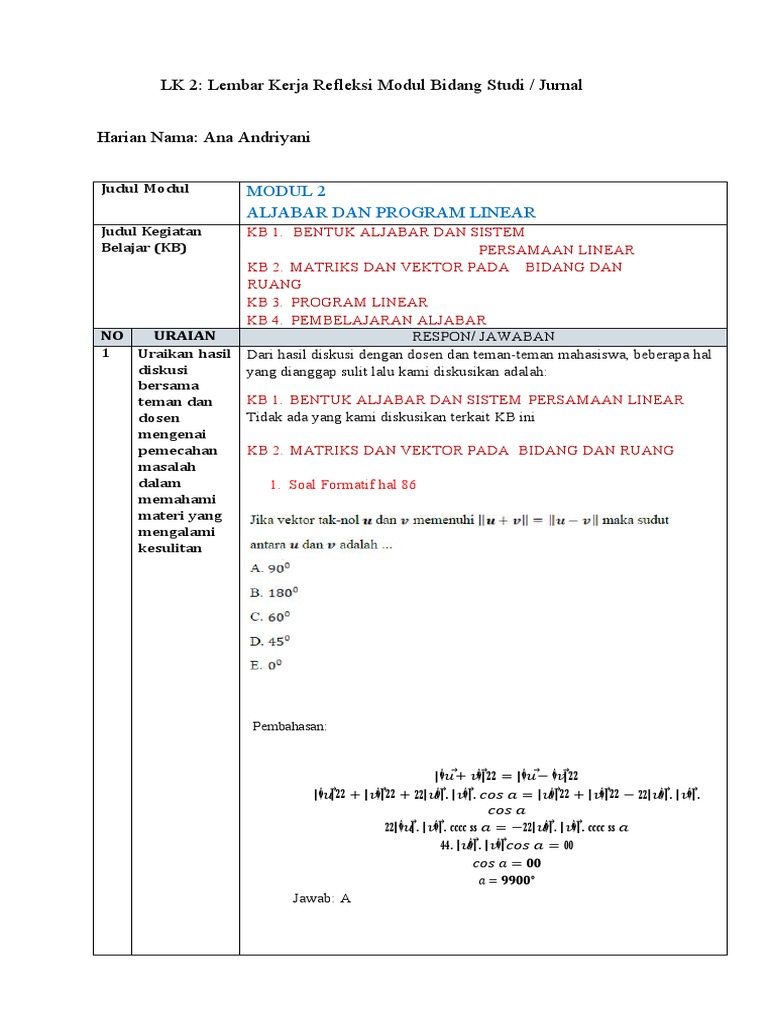 LK 2 Refleksi Modul 2 Aljabar Dan Program Linear | PDF