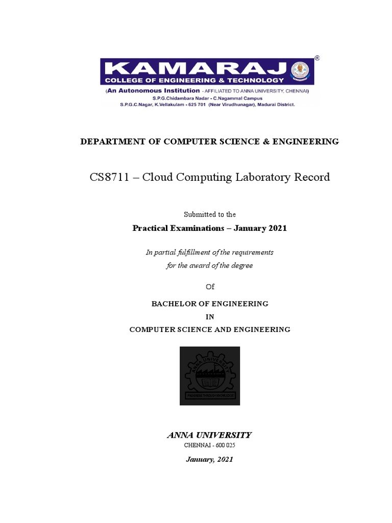 CS8711 - Cloud Computing Laboratory Record: Department of Computer Science & Engineering ...