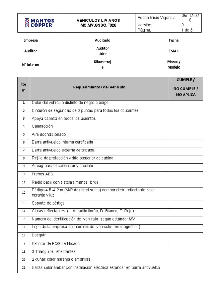 MC - MV.GSSO.F028 Inspeccion de Vehiculos Liviano | PDF | Vehículo de ...