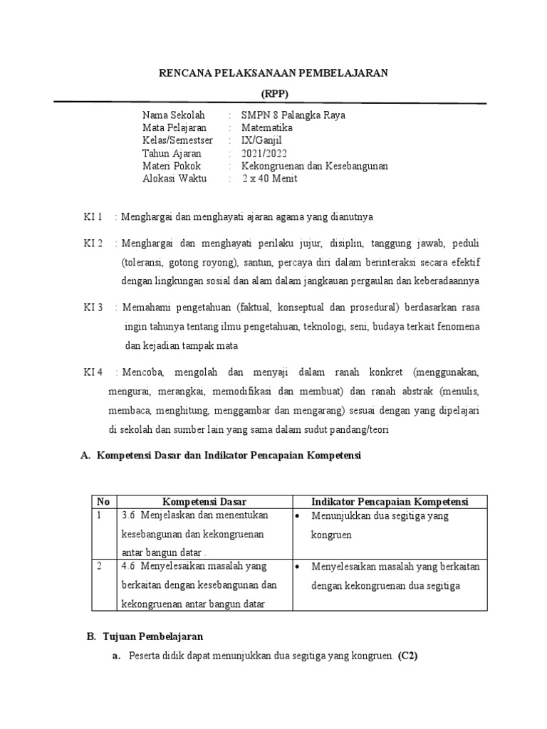 RPP Kekongruenan 2 Segitiga KLS 9 SMPN-8 PLK | PDF