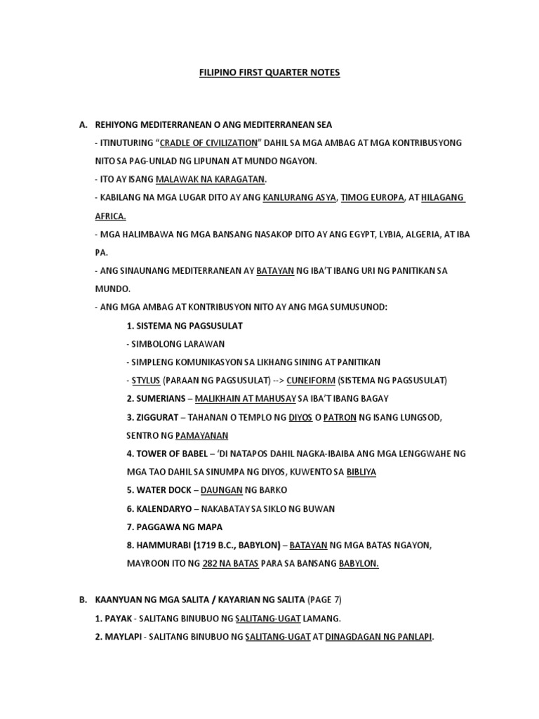 Filipino First Quarter Notes | PDF