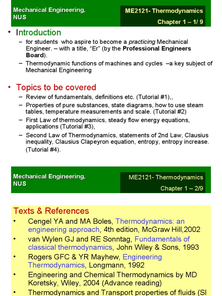 ME2121 - ME 2121E Slides (Chapter 1 2012) | PDF | Thermodynamics | Heat