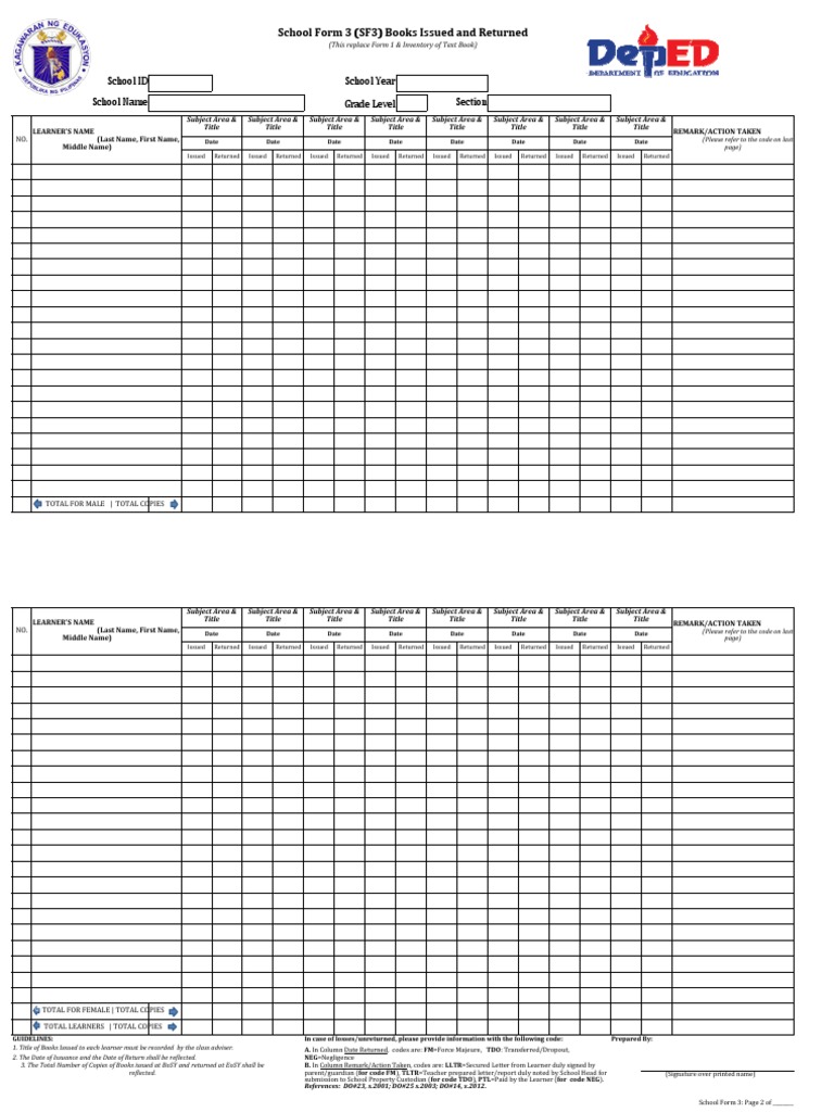 School Form 3 (SF3) Books Issued and Returned: School ID School Year ...
