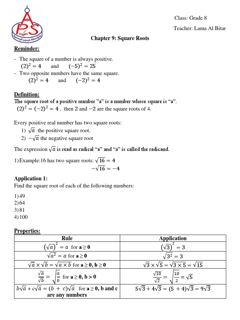 Chapter 9: Square Roots Reminder | PDF