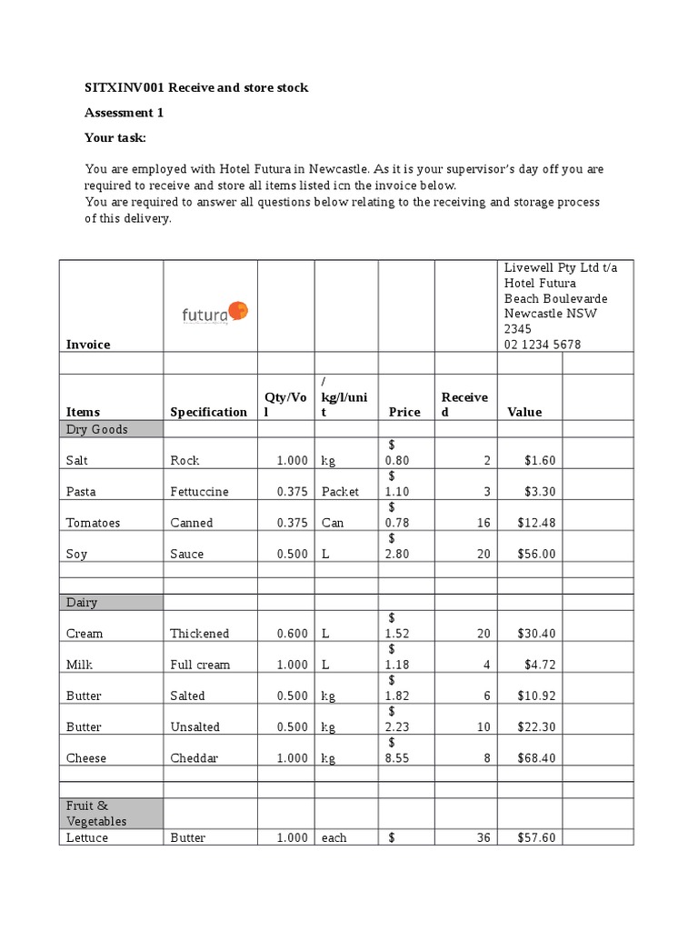 SITXINV001 Receive and Store Stock Assessment 1 Your Task | PDF ...
