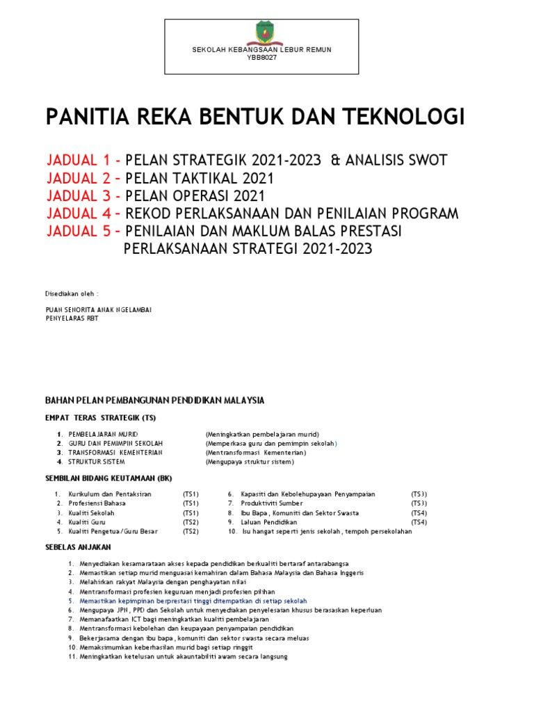 Pelan Strategik Panitia RBT 2021-2023 | PDF