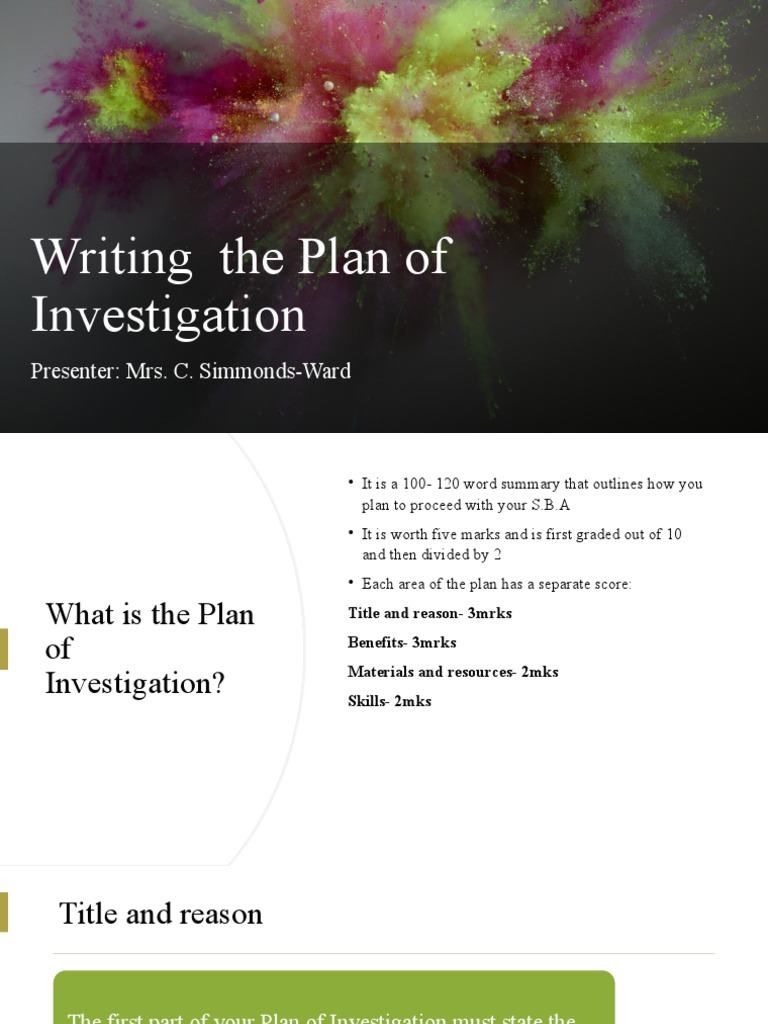 Writing The Plan of Investigation: Presenter: Mrs. C. Simmonds-Ward ...