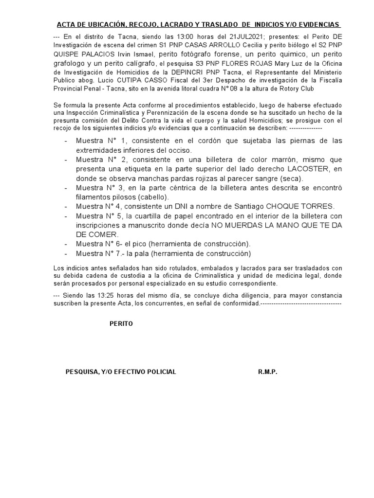 Acta de Recojo de Indicios | PDF | Criminología | Crimen y violencia