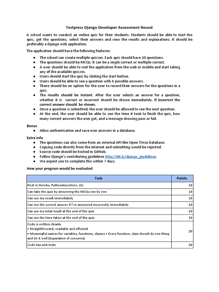 Testpress Django Assessment Round | PDF | Quiz | Multiple Choice