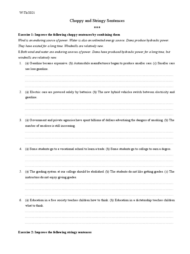 Choppy and Stringy Sentences: Exercise 1: Improve The Following Choppy ...
