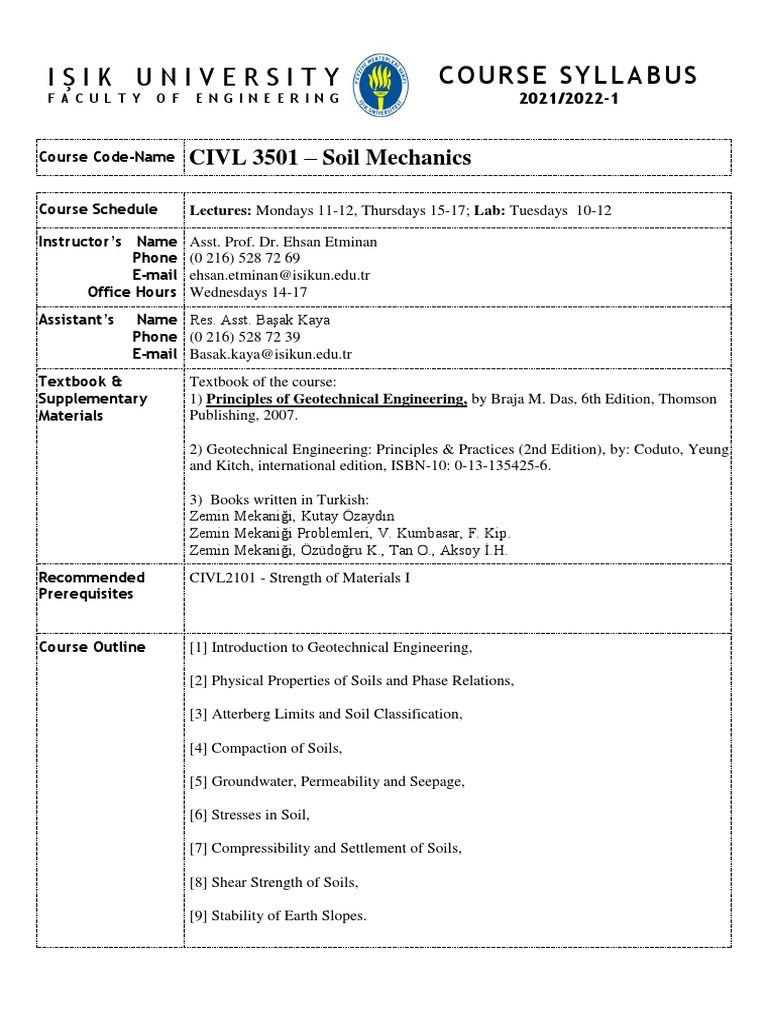 CIVL 3501-Soil Mechanics Syllabus | PDF | Earth Sciences | Materials