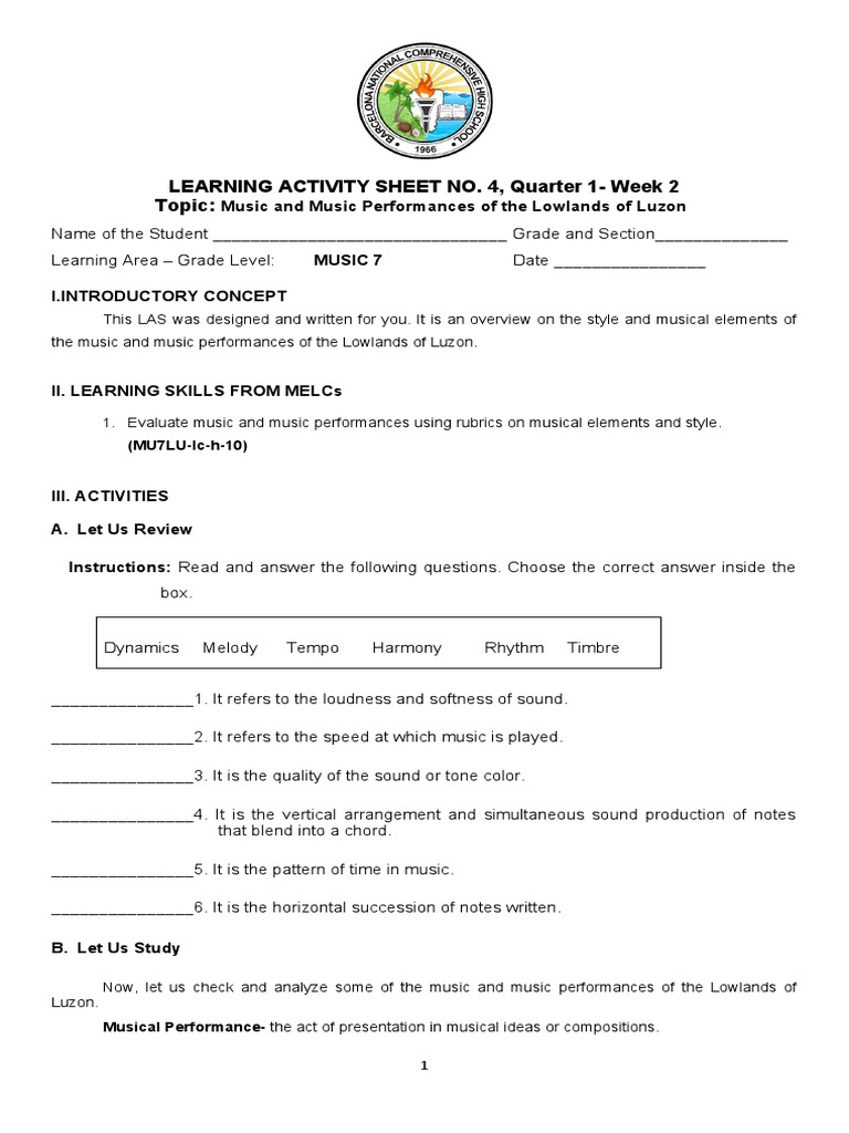 1st Quarter LAS NO.4 in Music 7 Week 2 | PDF | Rhythm | Harmony