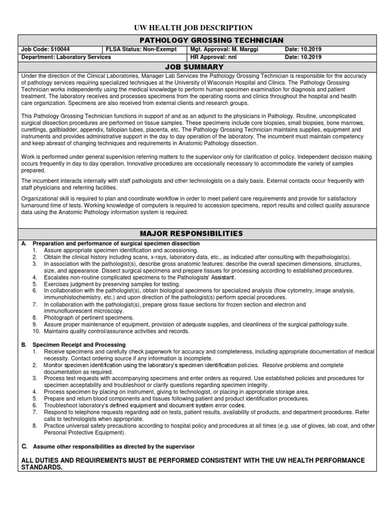 Uw Health Job Description: Pathology Grossing Technician Job Summary ...