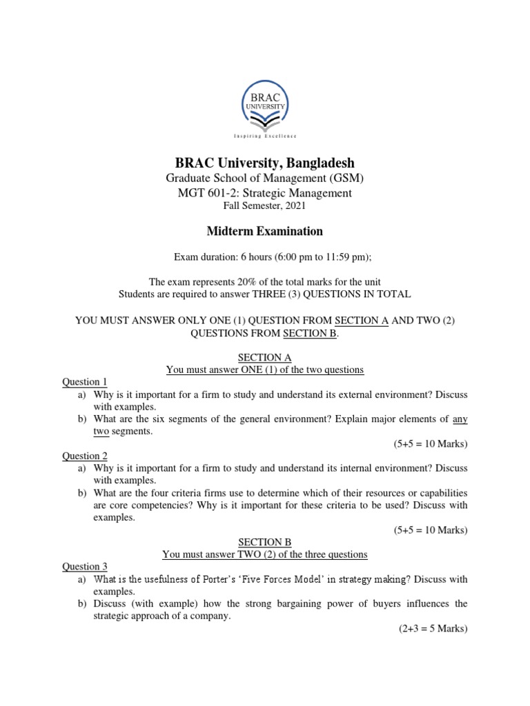 Fall 21 MGT 601-2 SM Midterm Exam Question | PDF | Strategic Management | Evaluation