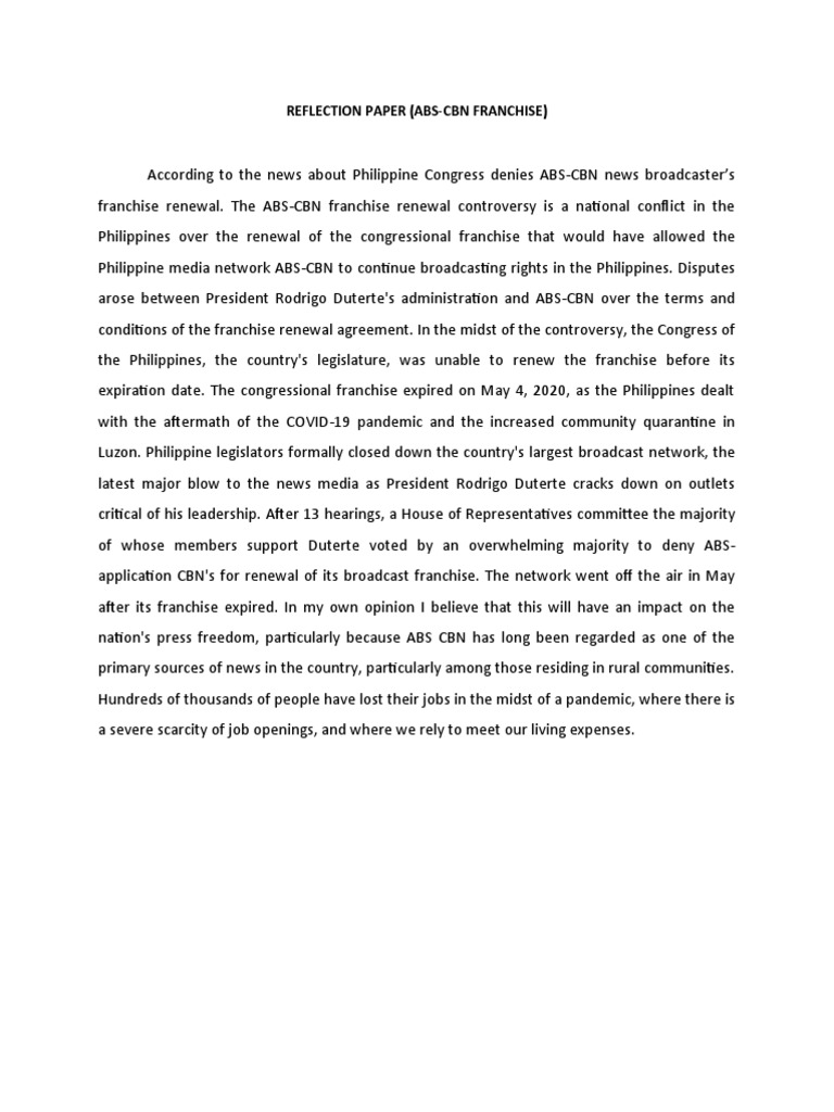 Reflection Paper (Abs-Cbn Franchise) | PDF | Politics | Social Science