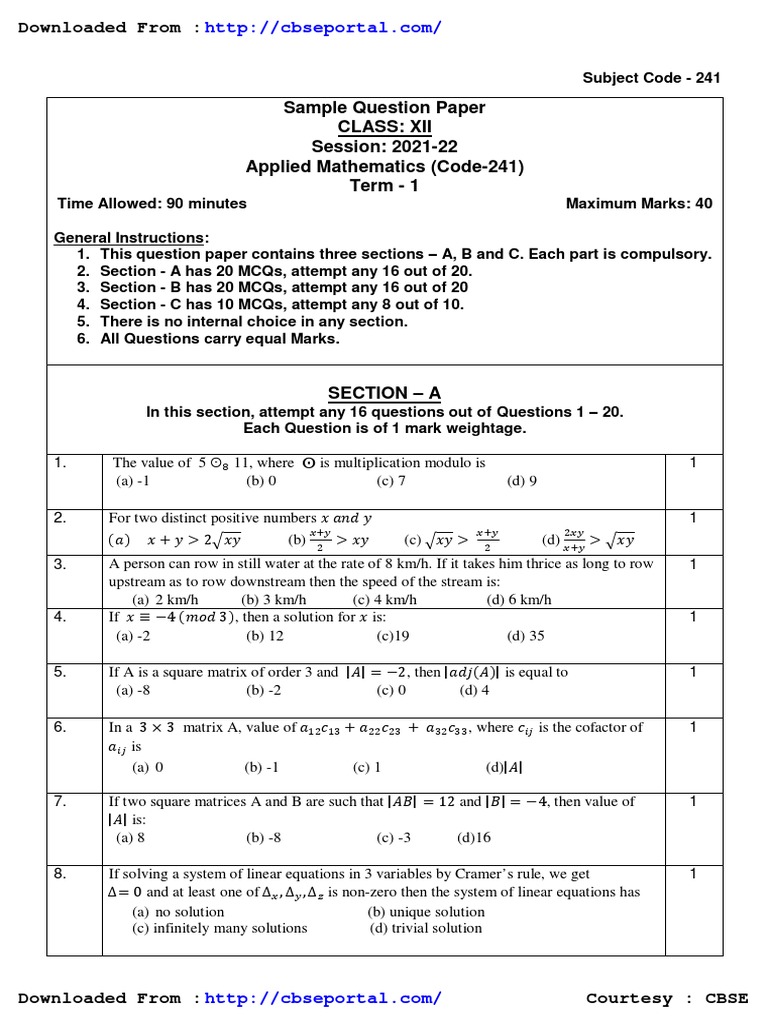 Sample Question Paper Class: Xii Session: 2021-22 Applied Mathematics ...