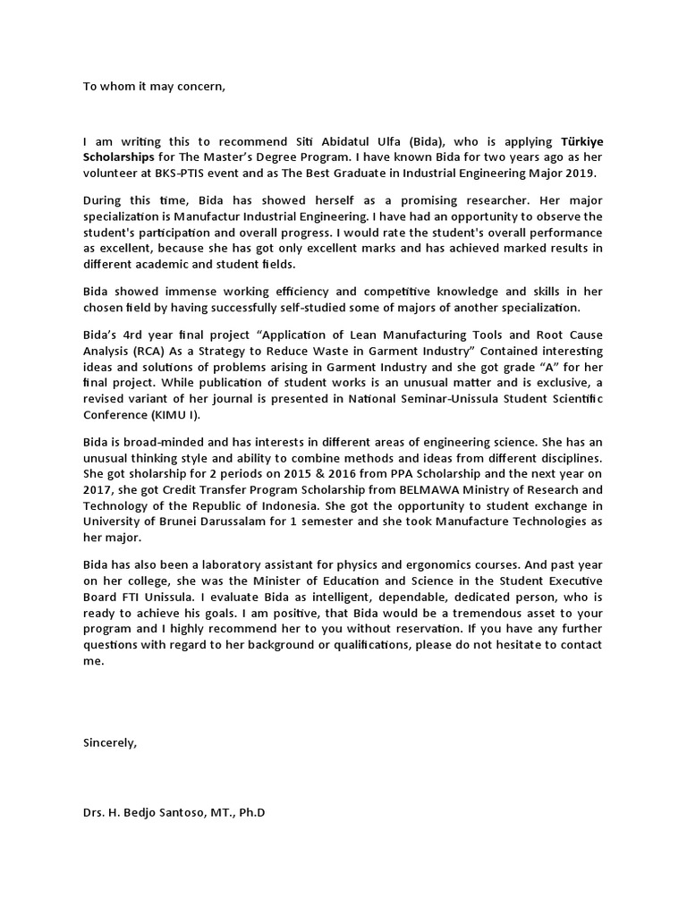 A Strong Letter of Recommendation for Siti Abidatul Ulfa's Application ...