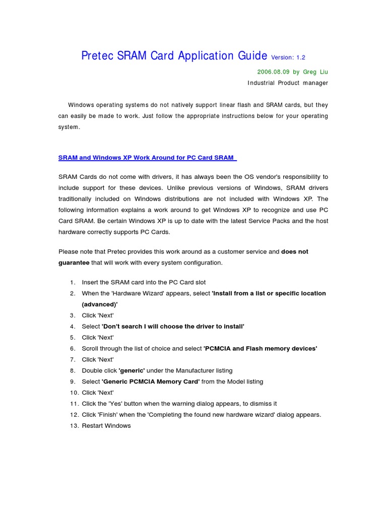 Pretec SRAM Card Application Guide V1-2 | PDF | Personal Computers ...