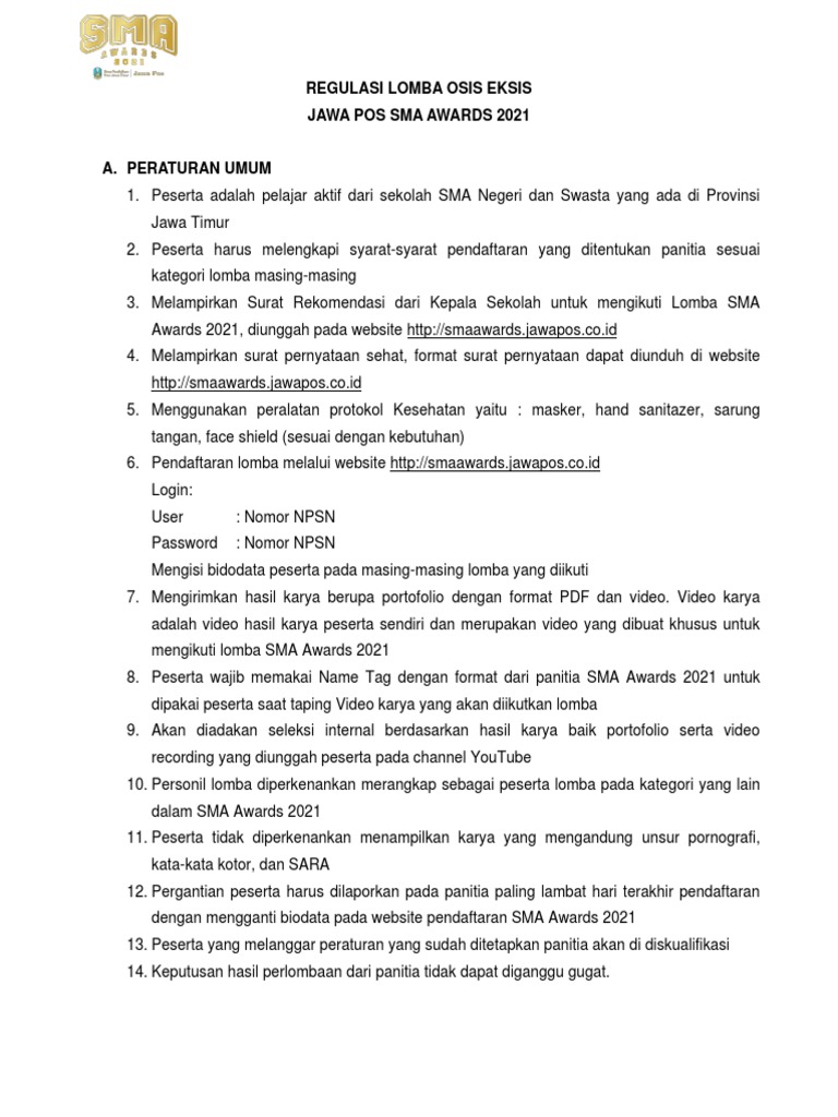 Regulasi Lomba Osis Eksis Jawa Pos Sma Awards 2021 | PDF