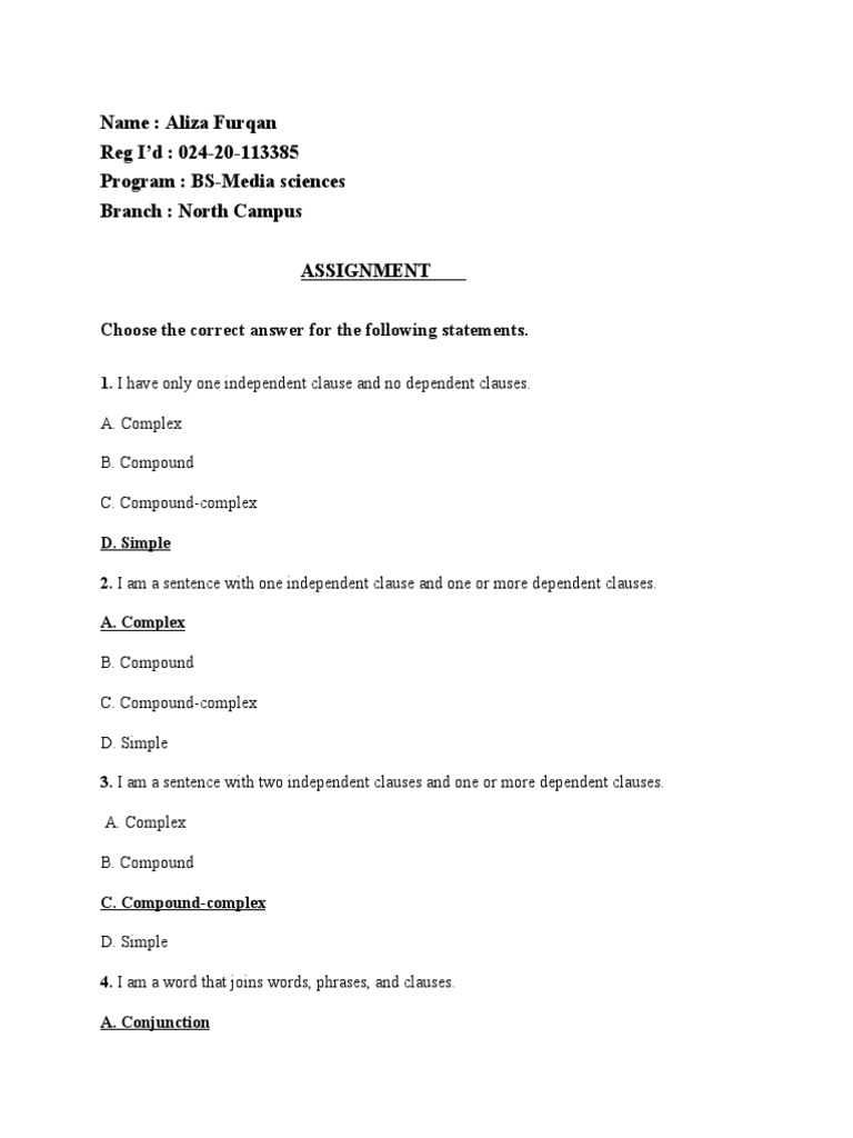 Identifying Sentence Structures and Clause Types: An Assignment on ...