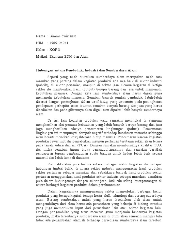 Bimme Dwirianse 1905124241 Ekonomi SDM Dan Alam | PDF | Ilmu Sosial ...