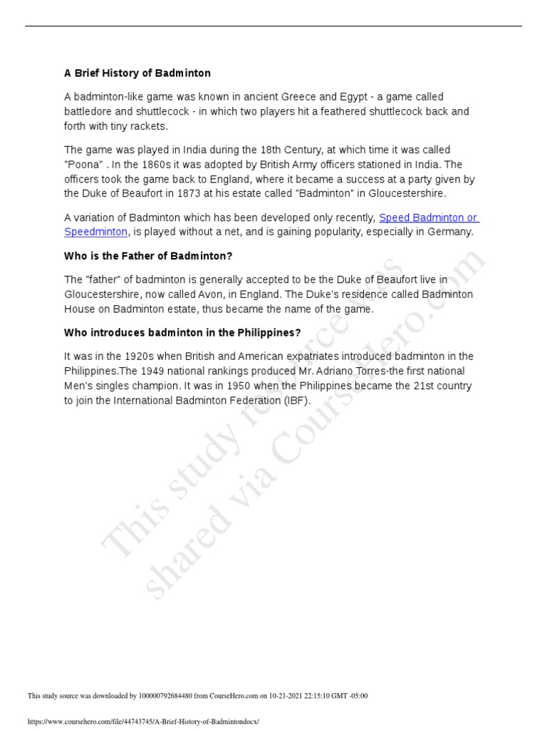 This Study Resource Was: A Brief History of Badminton | PDF ...
