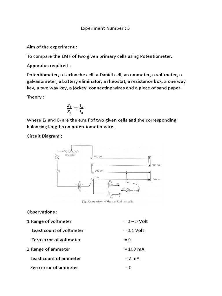 Comparing EMF of Two Cells Using Potentiometer | PDF | Force | Equipment