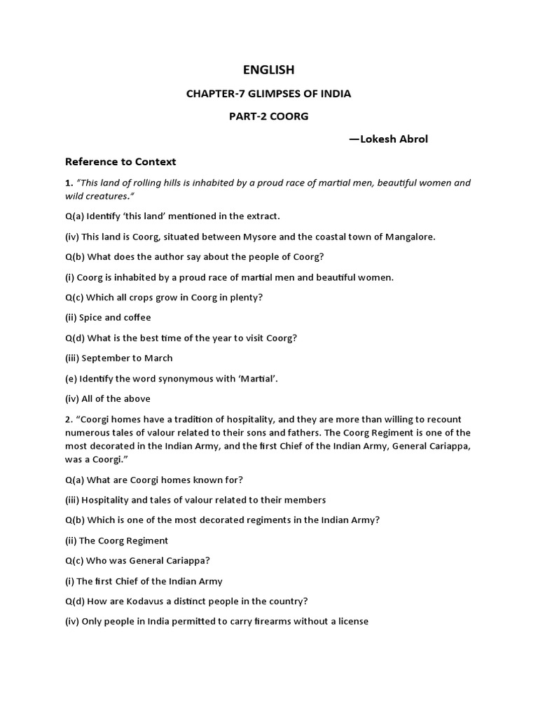 English Chapter-7 Glimpses of India Part-2 Coorg | PDF