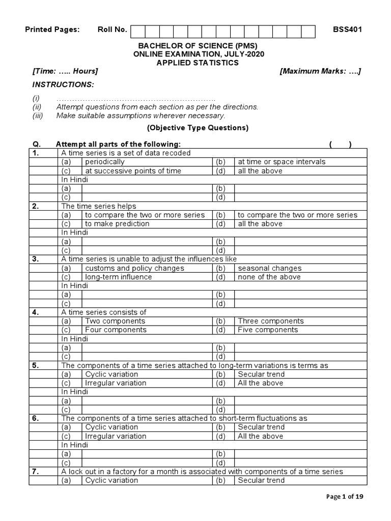 Applied Statistics (BSS401) (150 Questions Objective) | PDF | Moving ...