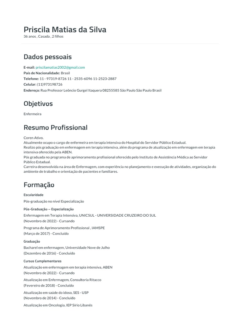 Currículo de Priscila Matias - Enfermeira | PDF | Enfermagem | Unidade ...