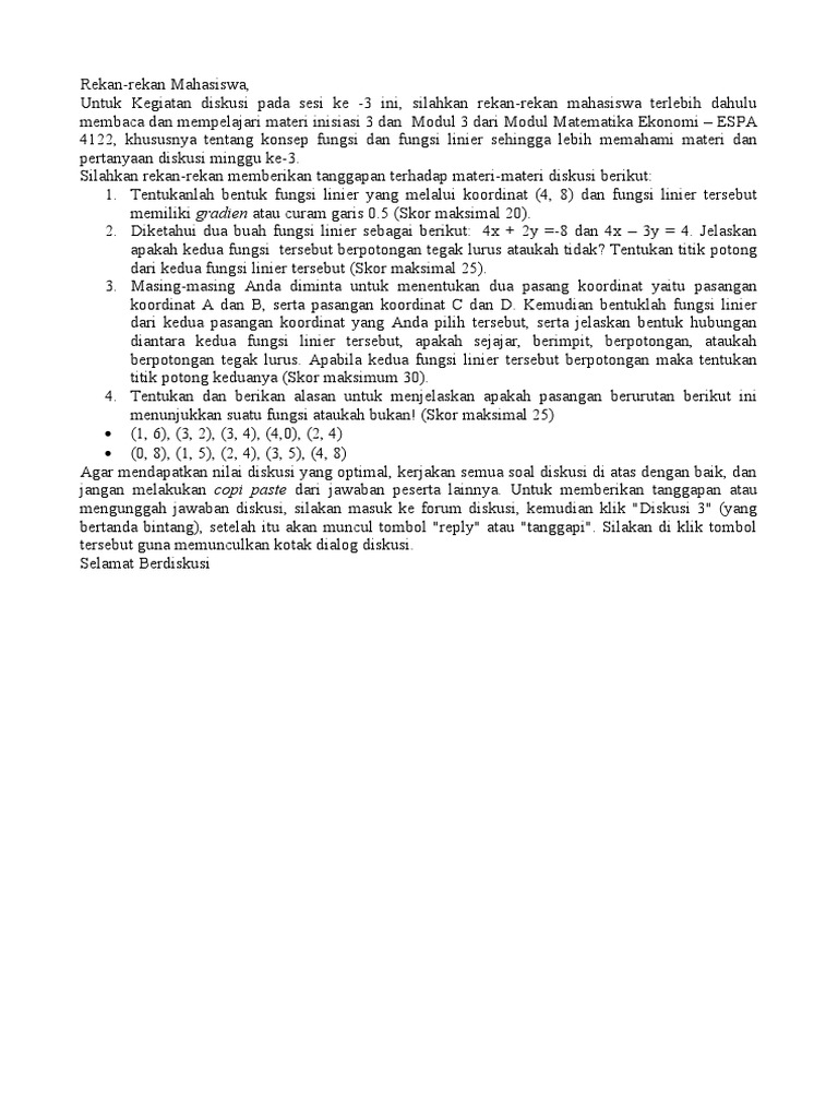Diskusi 3 - Matematika Ekonomi | PDF | Metode & Bahan Ajar | Sains & Matematika