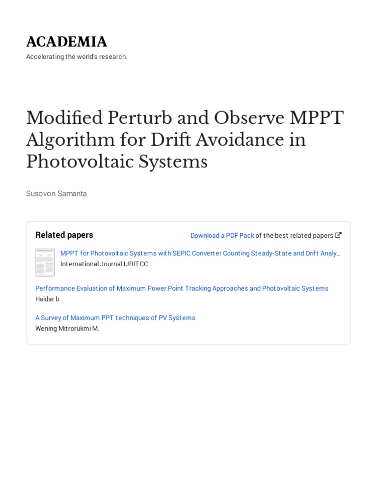 Modified Perturb and Observe MPPT Algorithm For Drift Avoidance in Photovoltaic Systems IEEE ...