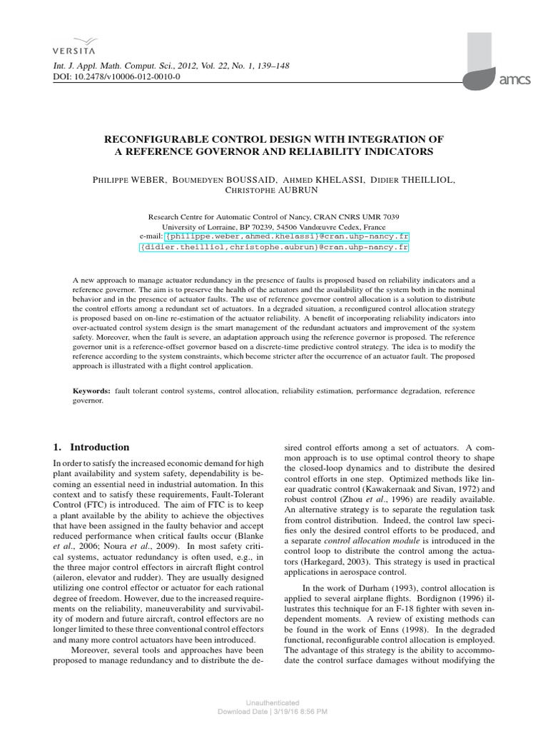 Reconfigurable Control Design With Integration of A Reference Governor and Reliability ...